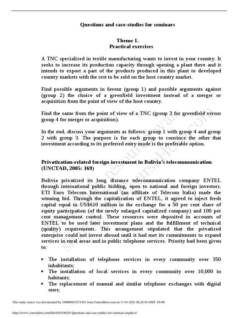 Seminar Case Studies & Exercises | PDF | Foreign Direct Investment ...