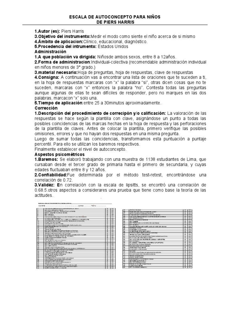 ESCALA DE AUTOCONCEPTO PARA NIÑOS DE PIERS HARRIS | PDF