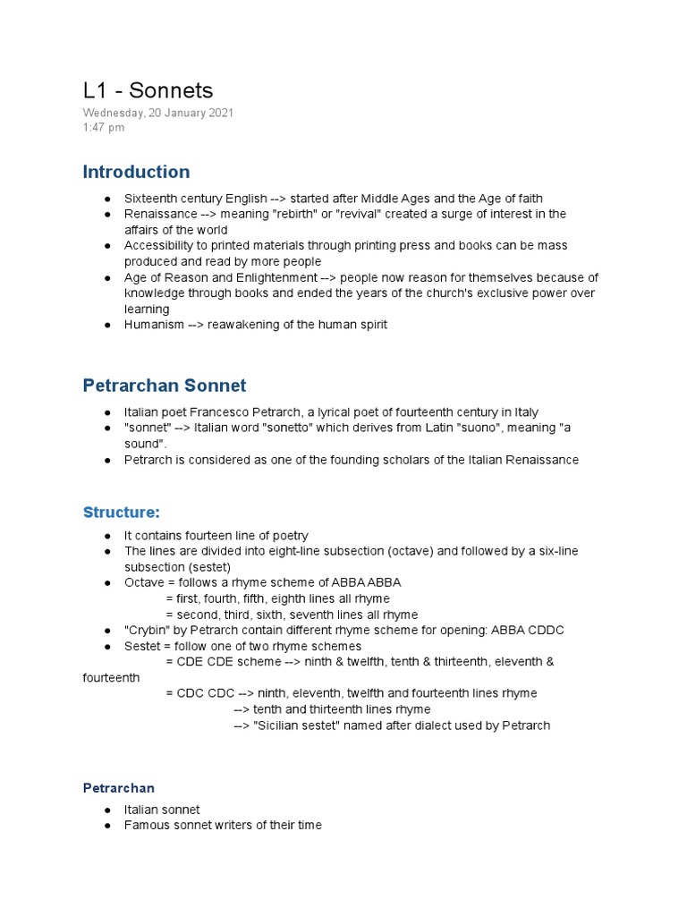 Eng 1-Sonnet Notes | PDF | Sonnets | Poetic Form