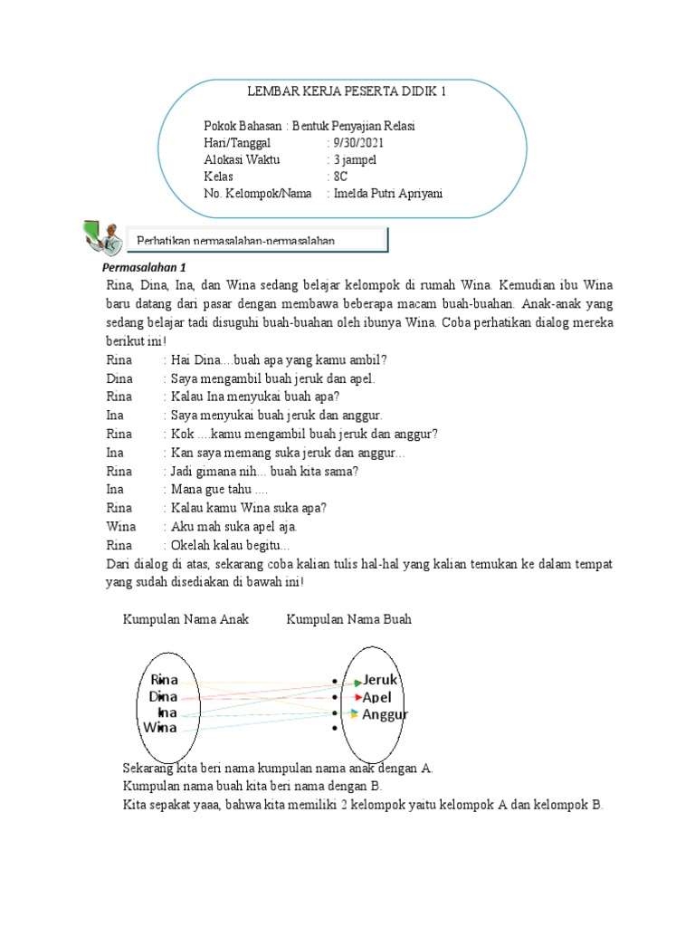 LKPD 3.1 Bentuk Penyajian Relasi Imelda 8C Word | PDF