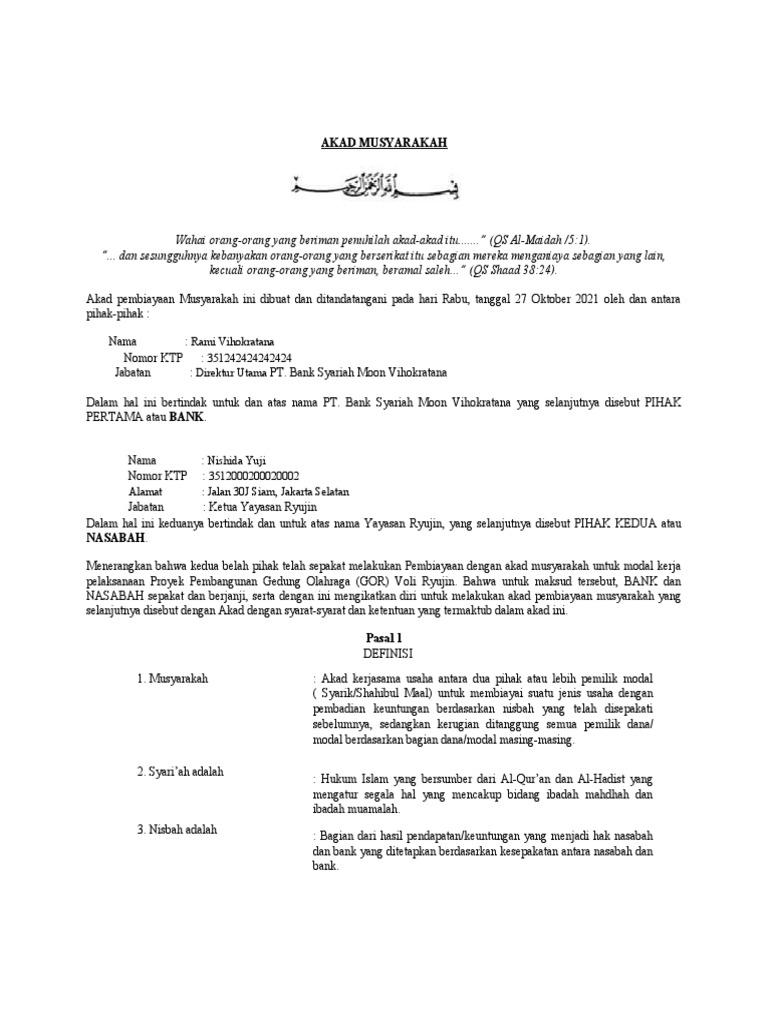 Contoh Akad Musyarakah Syariah | PDF