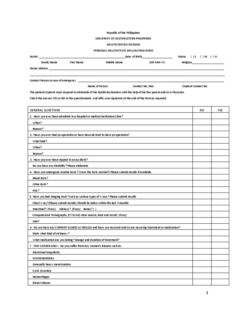 Personal Health Declaration Form - Clinic | PDF | Ct Scan | Dermatitis