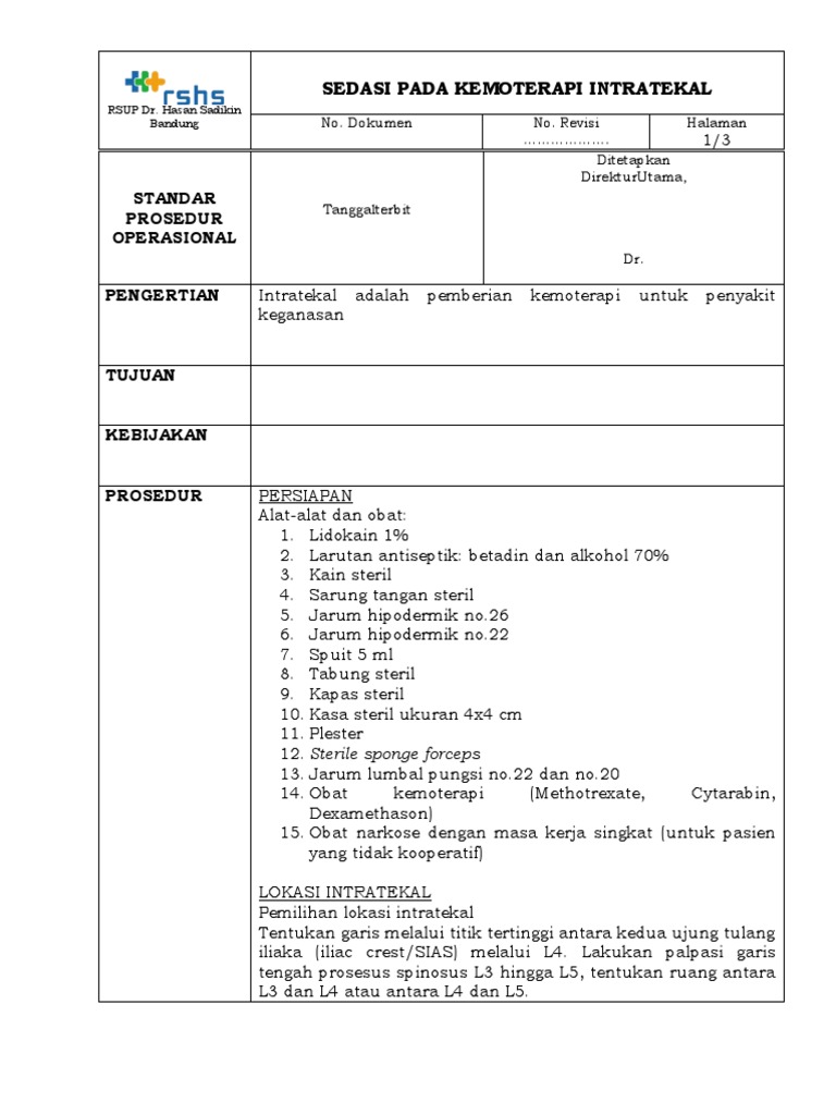 Sop Tatalaksana Sedasi Pada Peosedur Kemoterapi Intratekal | PDF
