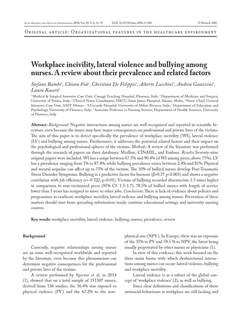 Workplace Incivility, Lateral Violence and Bullying Among Nurses. A ...