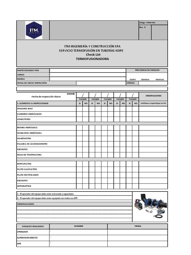 FORM-004 - Check List Termofusionadora | PDF