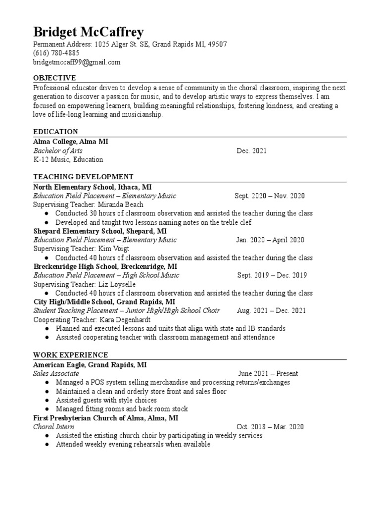 Bridget Mccaffery Resume | PDF | Teachers | Classroom