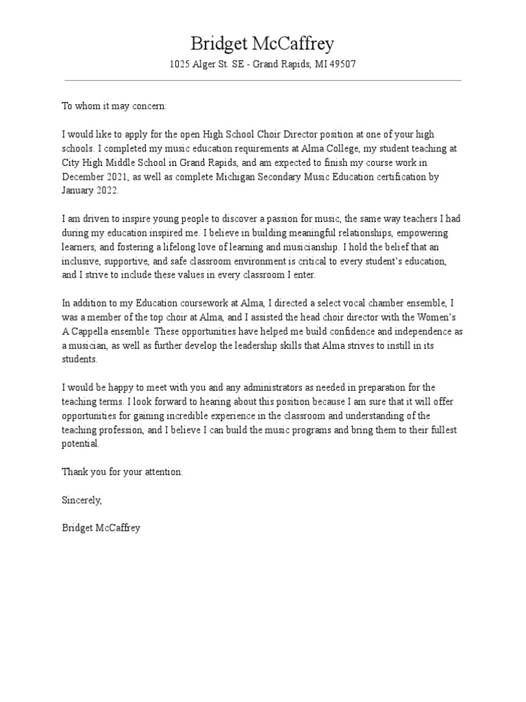 Bridget Mccaffrey Cover Letter 1 | PDF | Career & Growth | Social Science