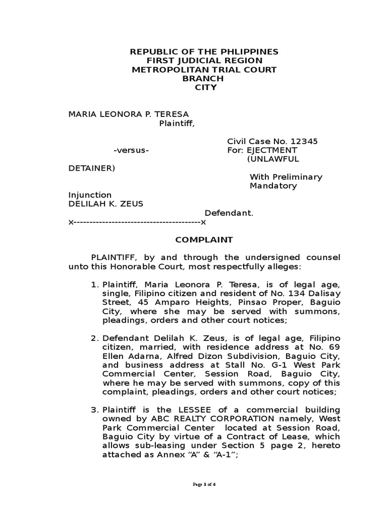 Ejectment Case: Teresa vs. Zeus | PDF | Injunction | Lease
