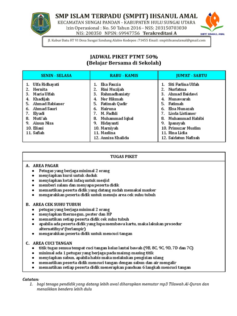 Jadwal Piket PTMT 50% | PDF
