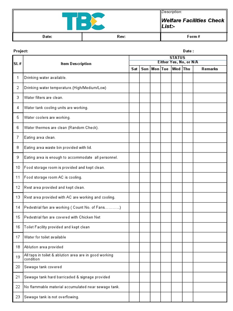 Welfare Facilities - Checklist | PDF