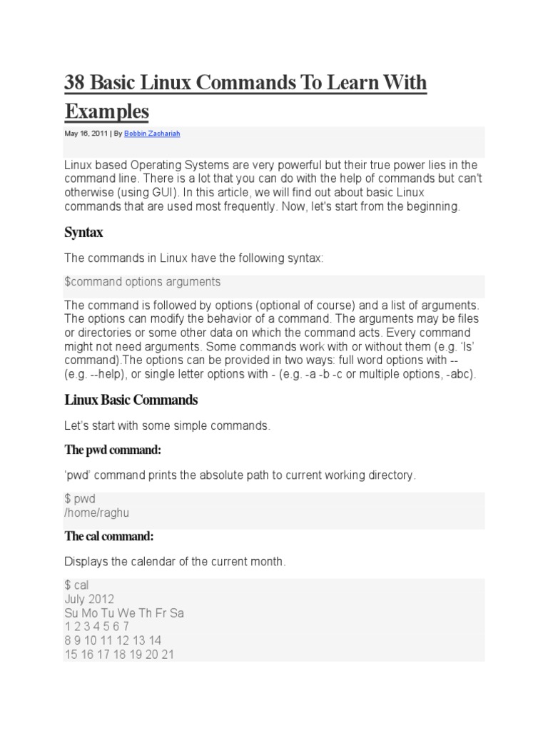 38 Basic Linux Commands To Learn With Examples: Syntax | PDF | Computer File | Computer Science