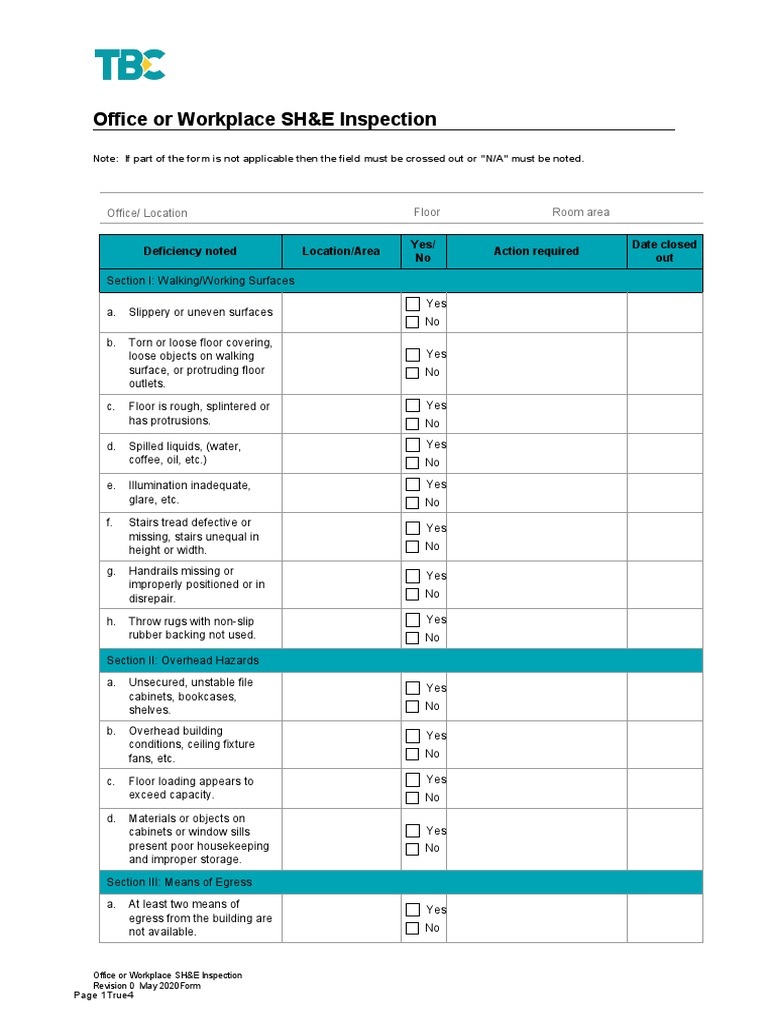 Office or Workplace SHE Inspection | PDF | Door | Stairs