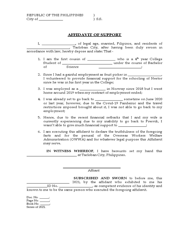 Affidavit Of Financial Support Letter