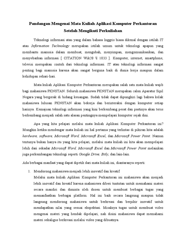 Essay Pandangan Mengenai Mata Kuliah Aplikom | PDF