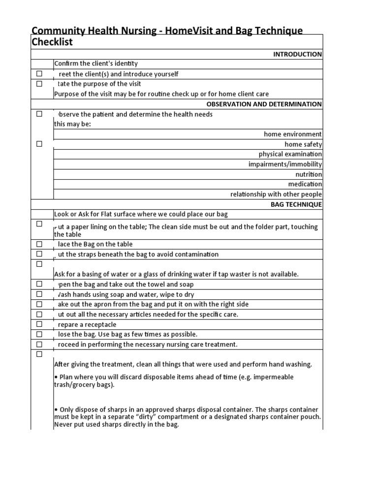 Home Visit Bag Technique Checklist PDF Infection Clinical Medicine
