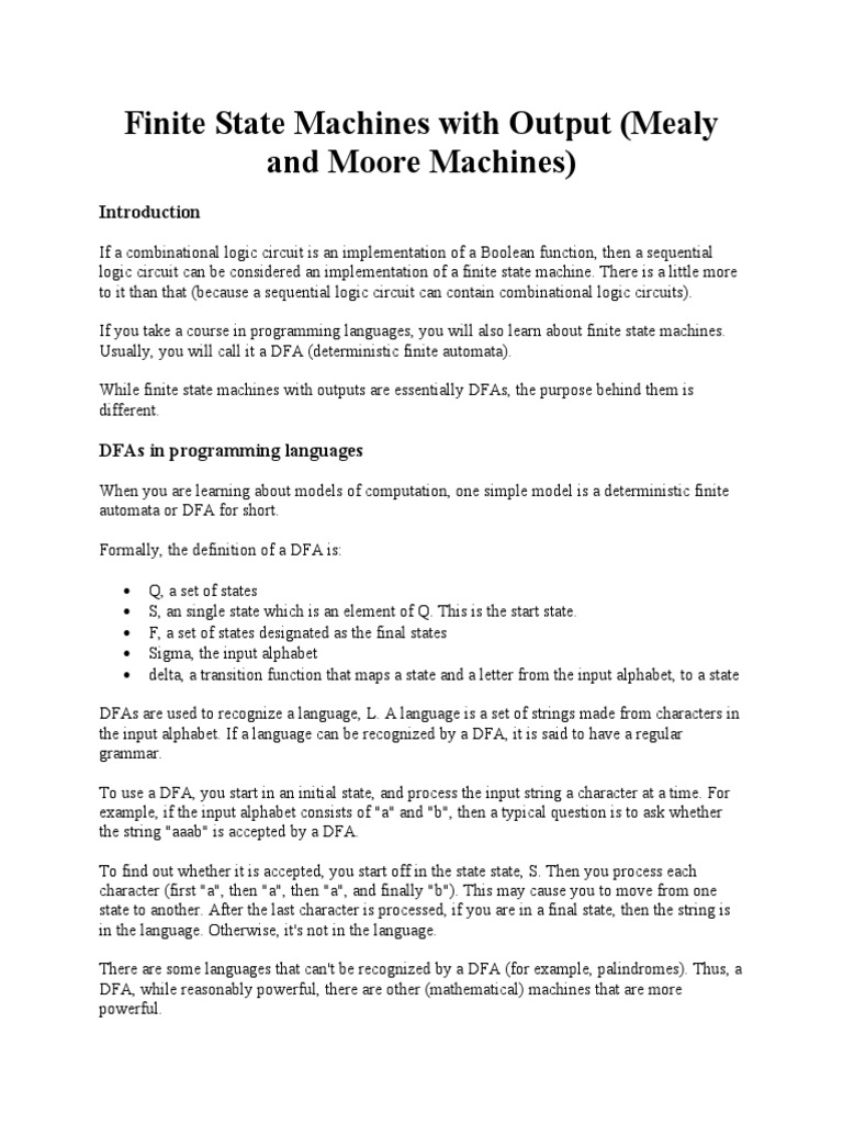 Finite State Machines With Output (Mealy and Moore Machines) | PDF | Models Of Computation ...