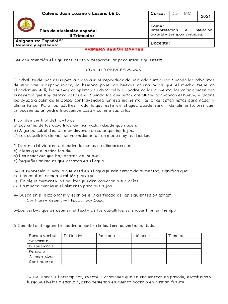 Nivelación de Español III Trimestre 5to | PDF | Verbo