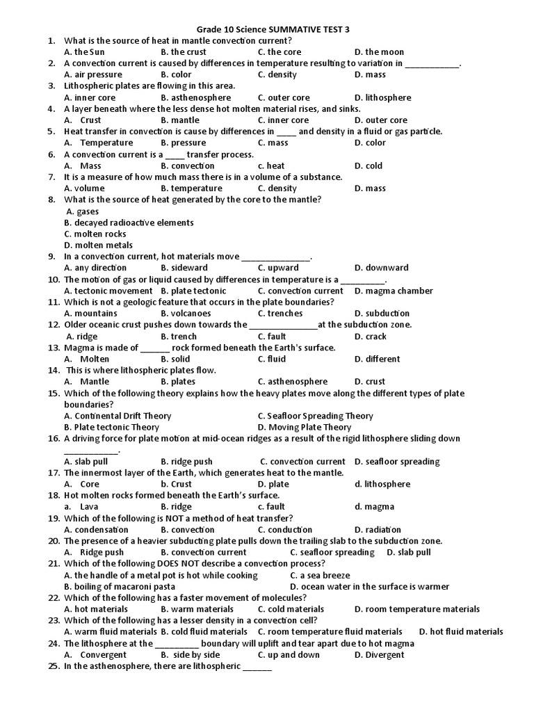 Grade 10 Science SUMMATIVE TEST 3 | PDF | Plate Tectonics | Convection