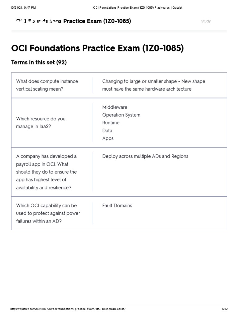 OCI Foundations Practice Exam (1Z0-1085) Flashcards - Quizlet | PDF | Cloud Computing | Software ...