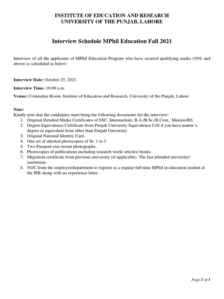 Interview Schedule MPhil Education Fall 2021 | PDF