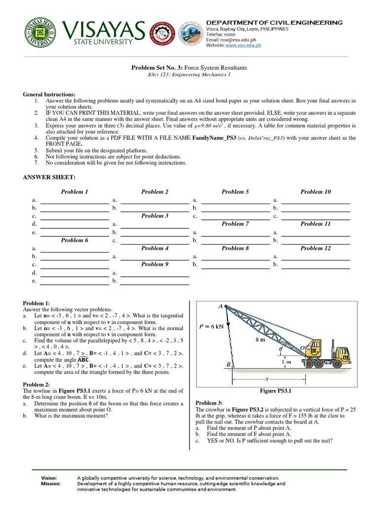 Problem Set No. 3: Force System Resultants: General Instructions | PDF ...