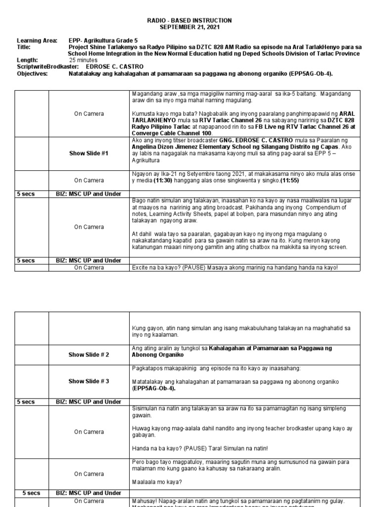 Epp Agrikultura Grade5 September-21 Edrosecastro Script-1 | PDF
