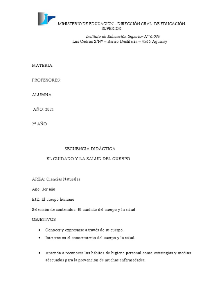 Cuidado del cuerpo y hábitos de higiene: una secuencia didáctica para ...