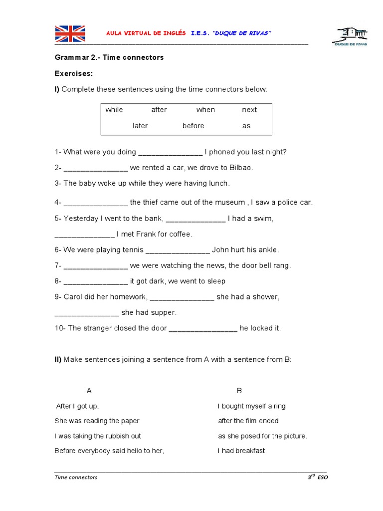 Time Connectors Exercises for ESL | PDF | Language Arts & Discipline ...