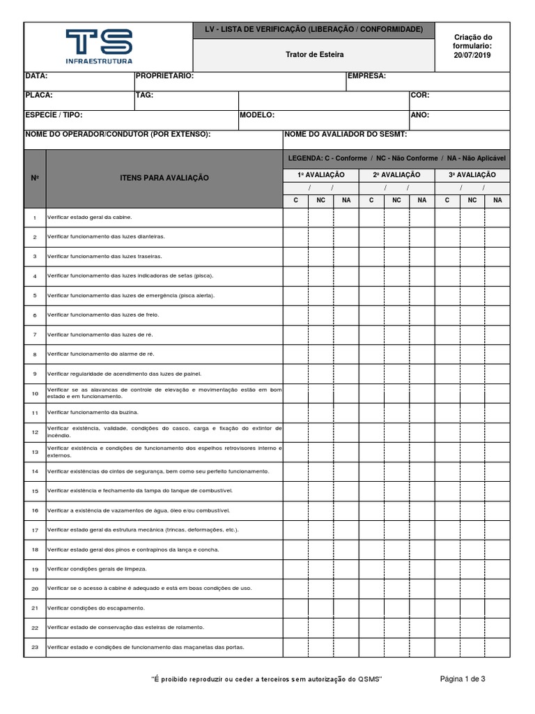 6.checklist - Liberação-TRATOR ESTEIRA | PDF