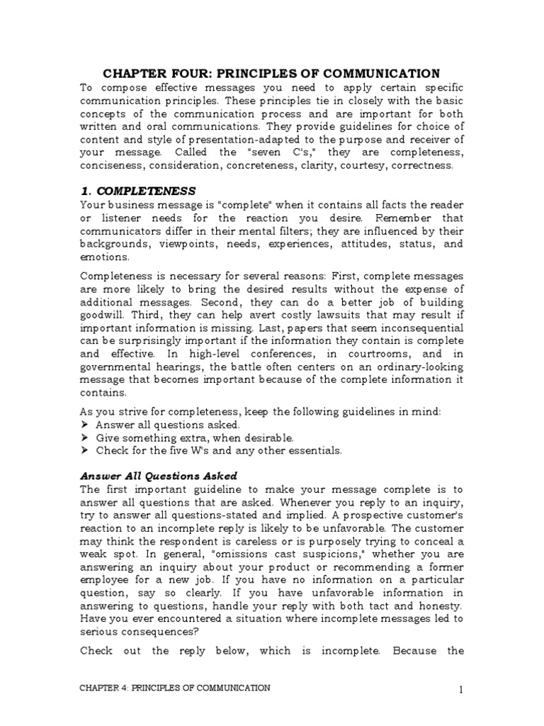 Chapter Four: Principles of Communication: 1. Completeness | PDF ...