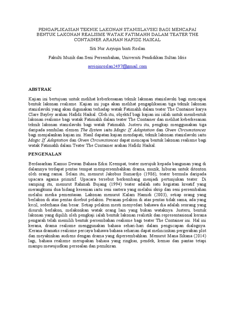 Pengaplikasian Teknik Lakonan Stanislavski Bagi Mencapai Bentuk Lakonan ...