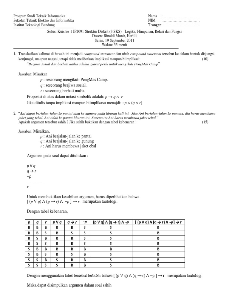 Solusi Kuis 1-2011 Logika | PDF