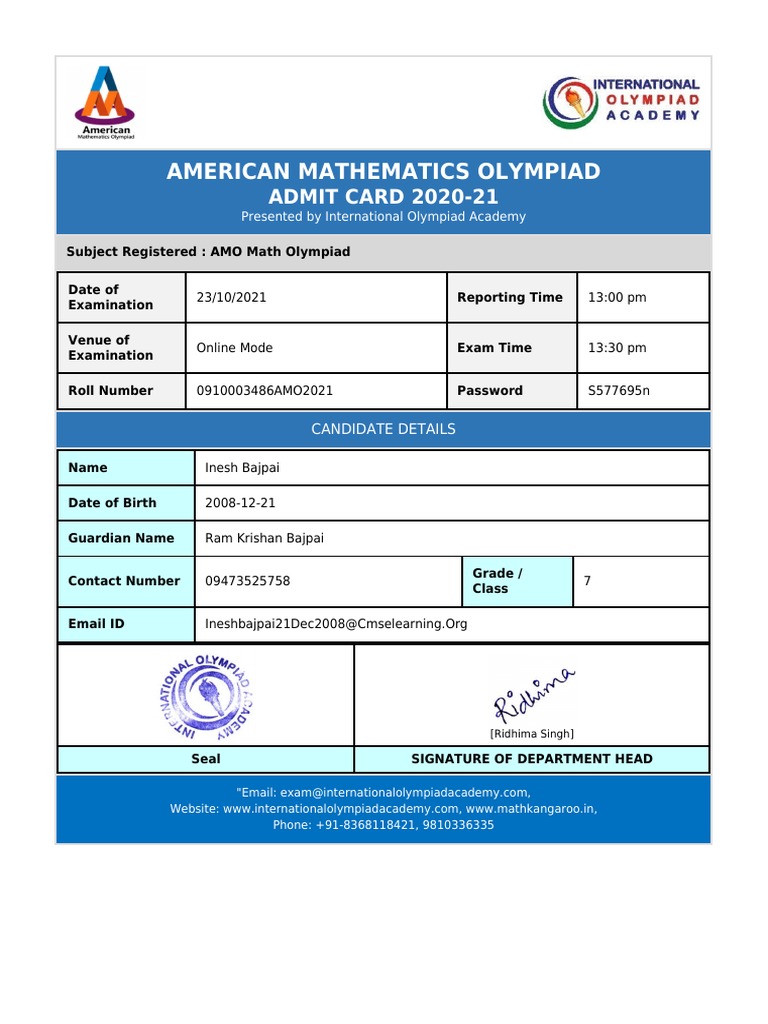 American Mathematics Olympiad: ADMIT CARD 2020-21 | PDF