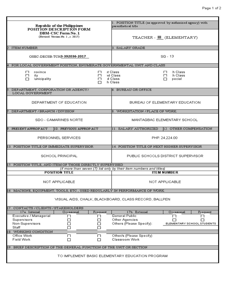DBM CSC Form No. 1 Position Description Forms T3 ELEM | PDF | Teachers ...