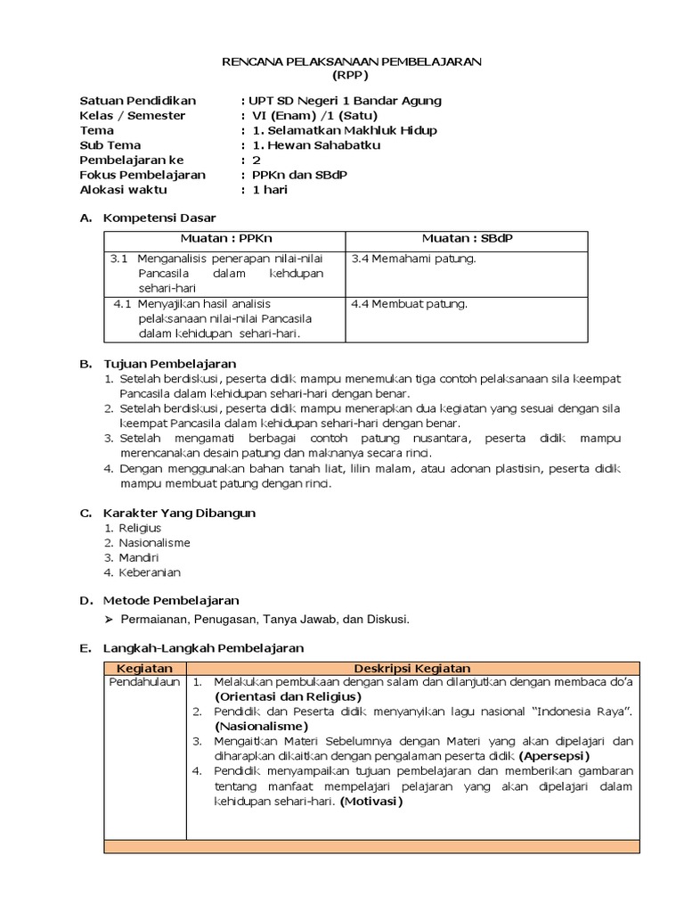 RPP Pak-Kelas 6 Tema 1-SB 2-PB 2 | PDF