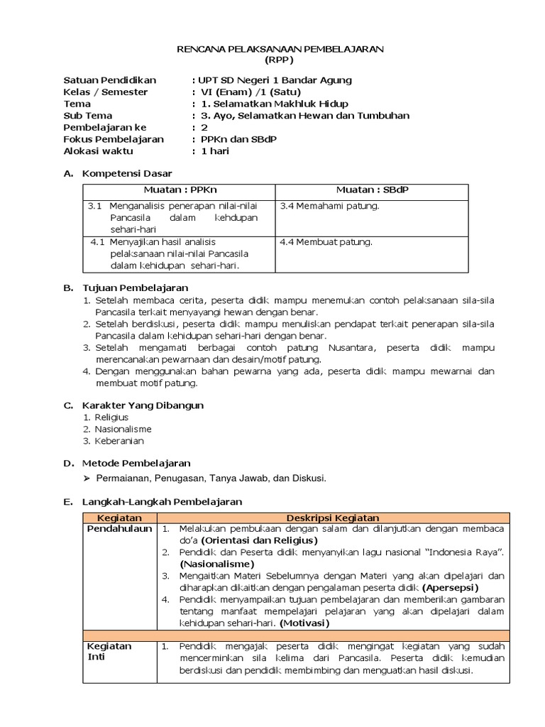 RPP Pak-Kelas 6 Tema 1-SB 3-PB 2 | PDF