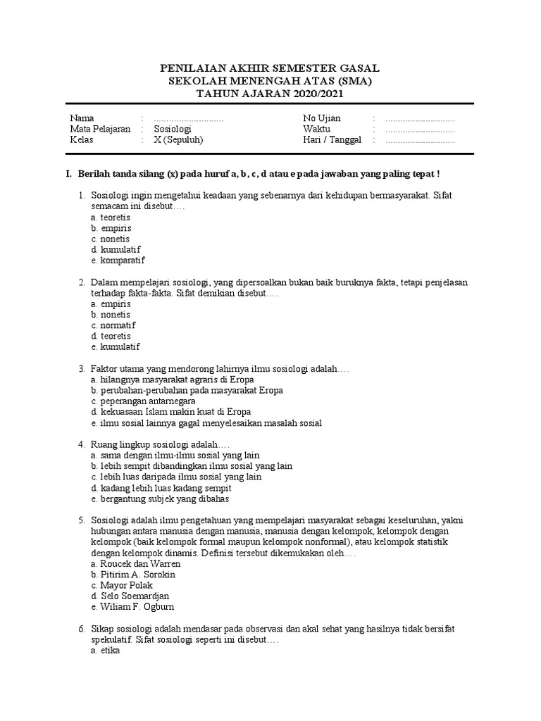 Soal PAS-UAS Sosiologi Kelas 10 SMA | PDF | Sejarah