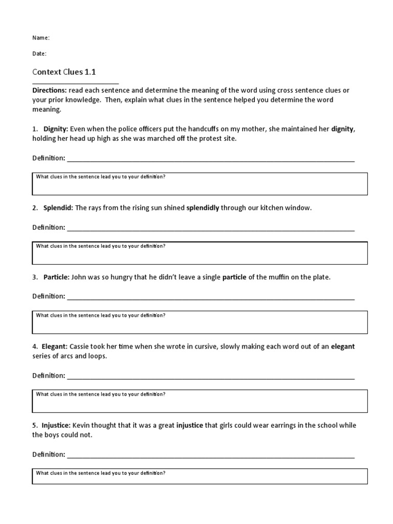 Context Clues 1.1: Directions: Read Each Sentence and Determine The ...