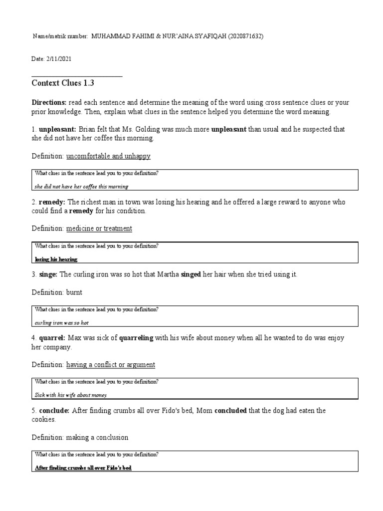 Context Clues Worksheet 1 3 | PDF