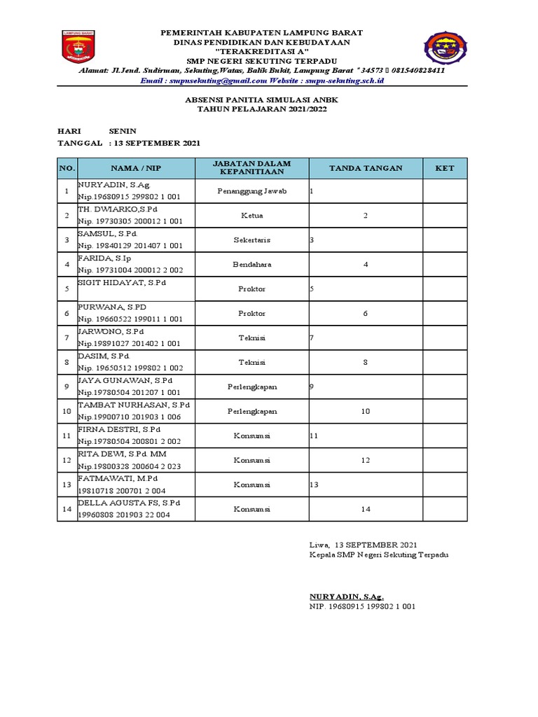 Absen Panitia Simulasi Anbk | PDF