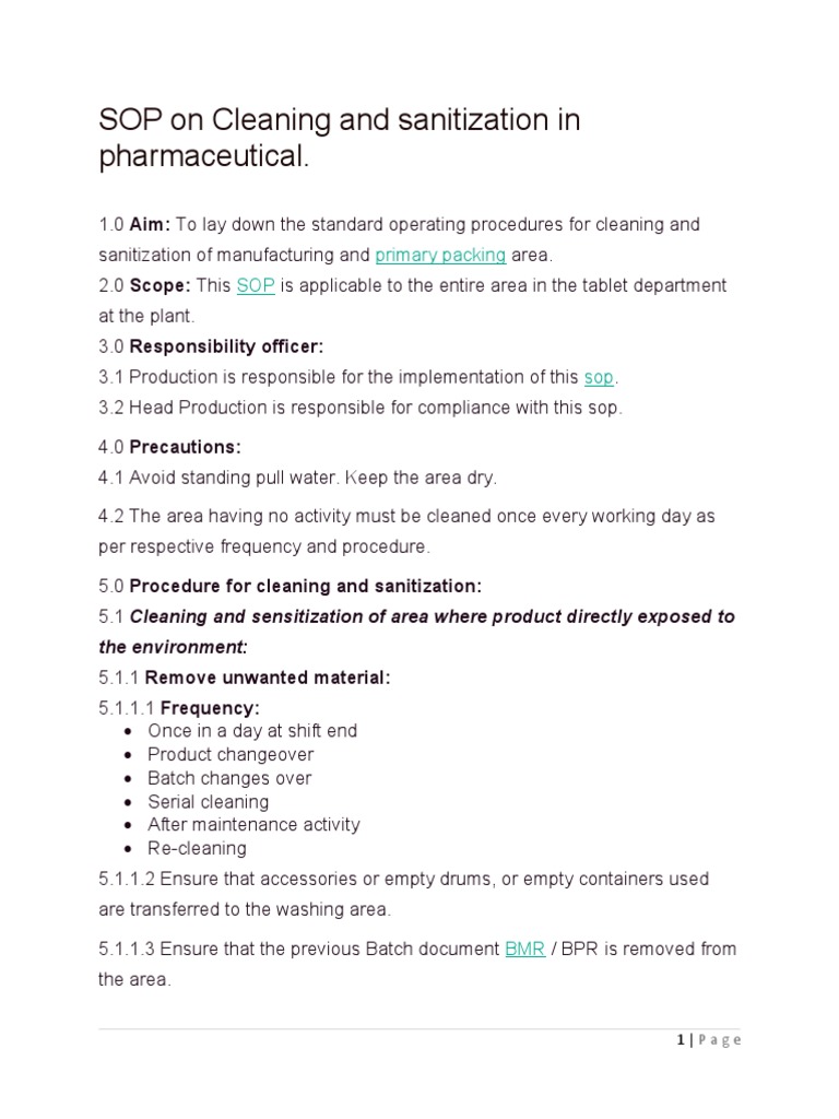 SOP On Cleaning and Sanitization in Pharmaceuticalljhiu | PDF | Safety ...