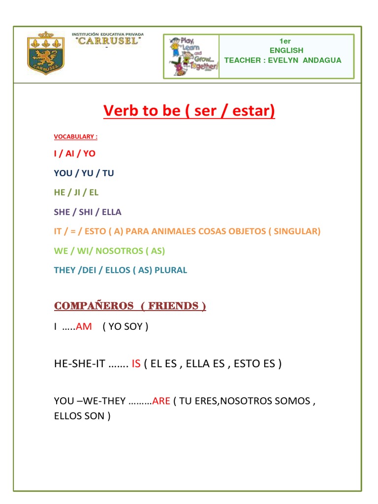 Verb To Be (Ser / Estar) : HE-SHE-IT . (El Es, Ella Es, Esto Es) | PDF ...