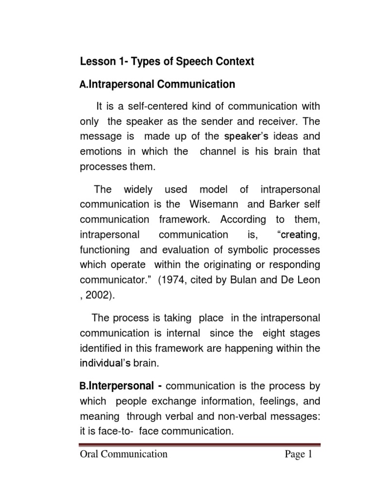 Lesson 1-Types of Speech Context Intrapersonal Communication | PDF ...