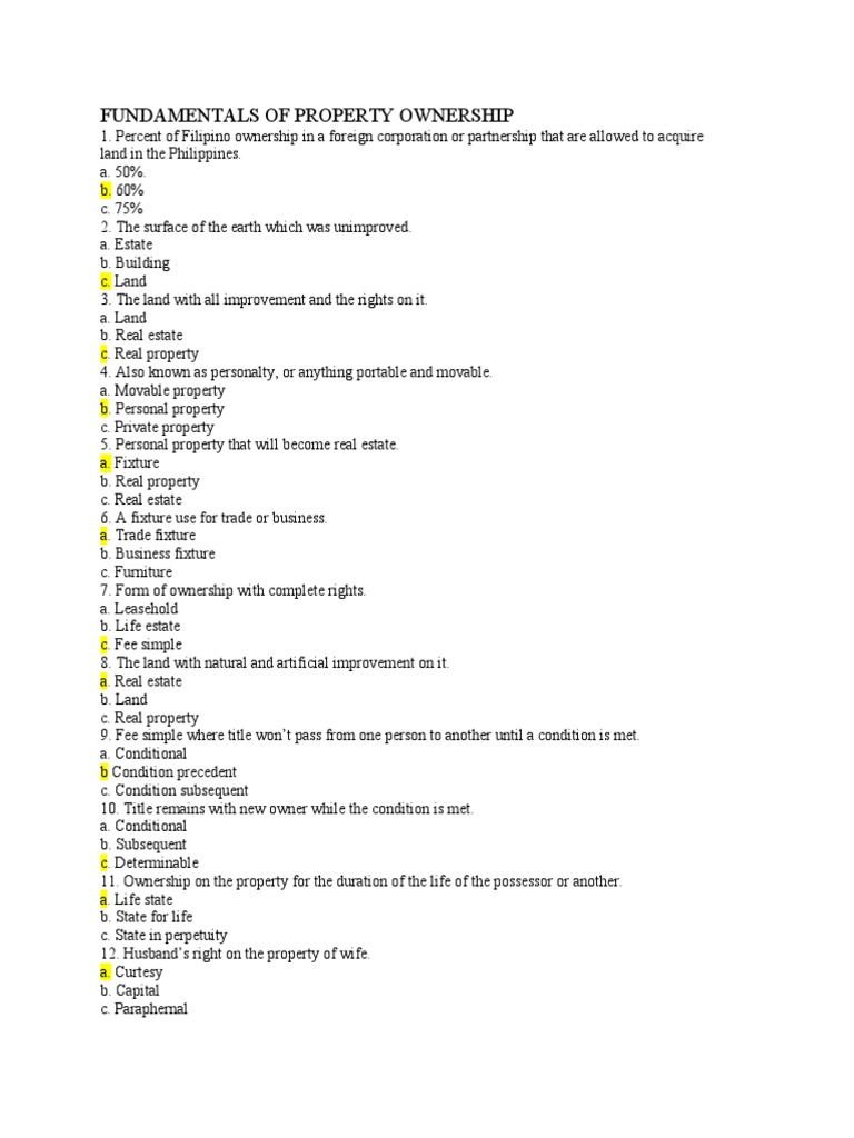 QUIZ W Answers - FUNDAMENTALS OF PROPERTY OWNERSHIP | PDF | Concurrent ...
