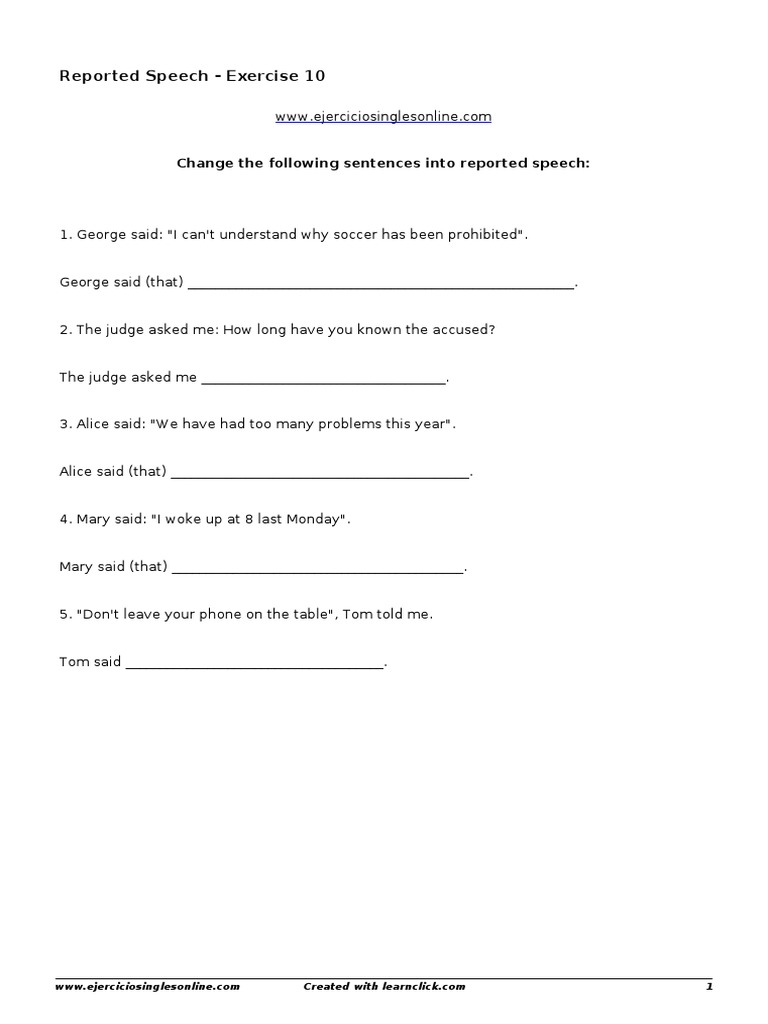 Reported Speech Exercise 10 | PDF
