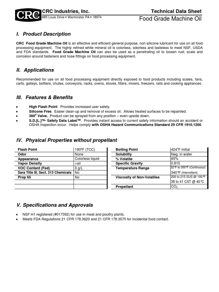 TDS Food Grade Machine Oil | PDF | Chemistry | Materials
