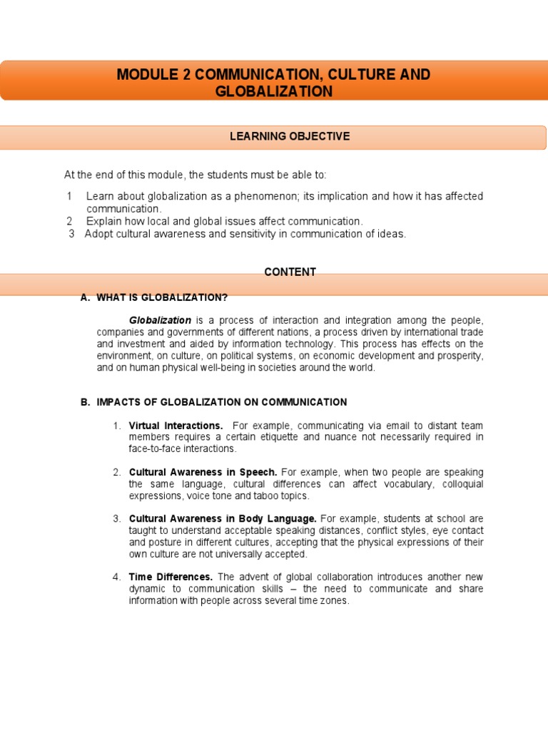 Module 2 Communication, Culture and Globalization: Learning Objective | PDF | Communication ...