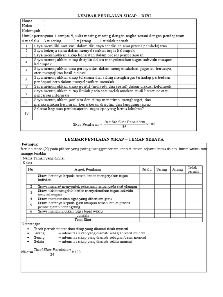 Lembar Penilaian Sikap Teman Sebaya | PDF