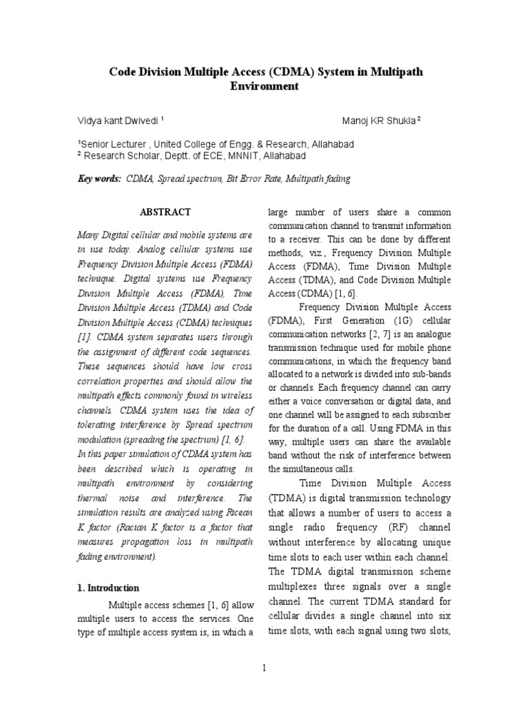 Code Division Multiple Access (CDMA) System in Multipath Environment | PDF | Channel Access ...