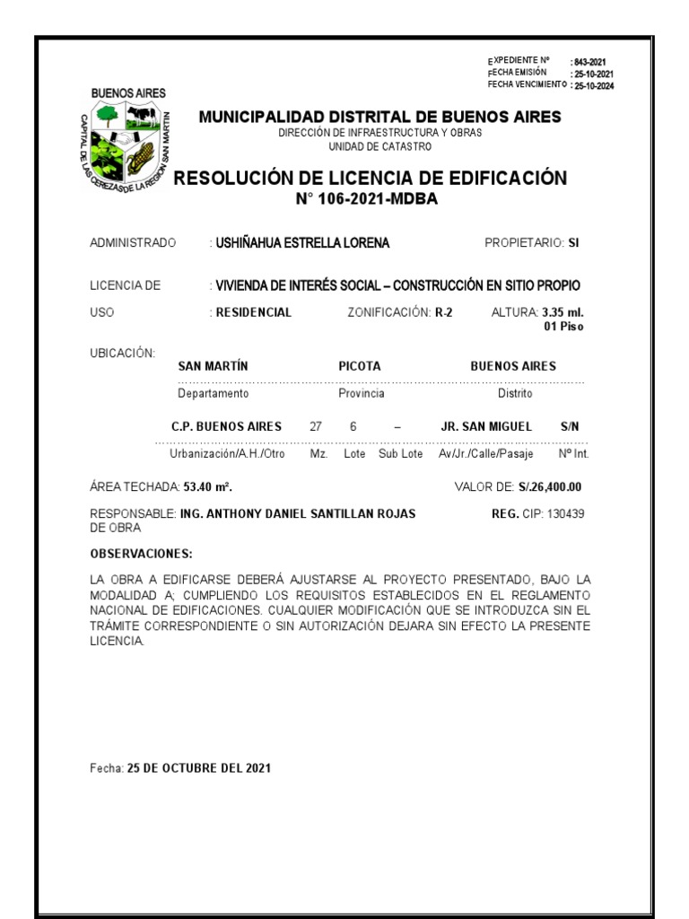 Licencia de Edificaciones #106-2021 | PDF